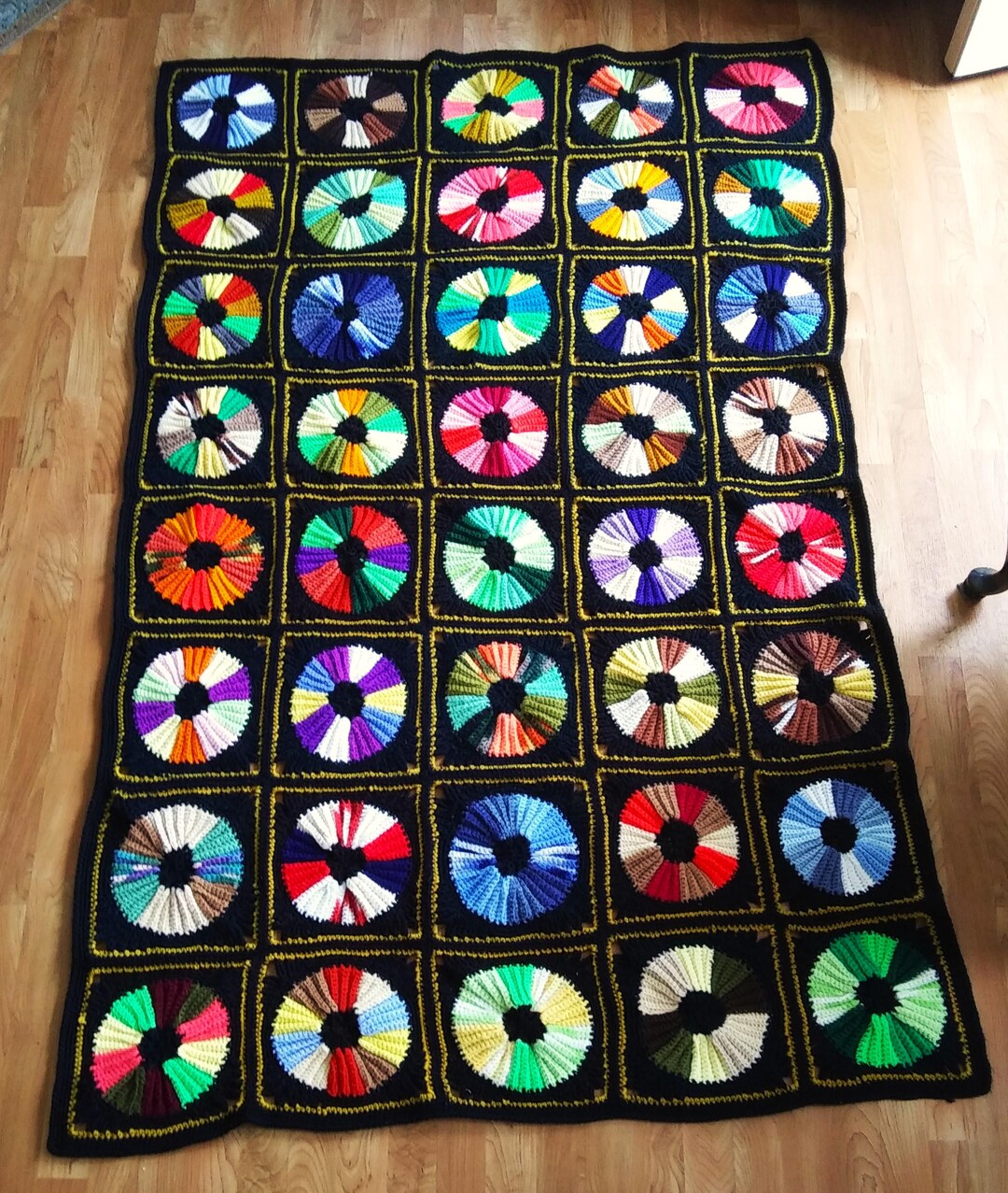 Vintage Wool Crochet Afghan 52 X80 Granny Square Black Multi Color ...