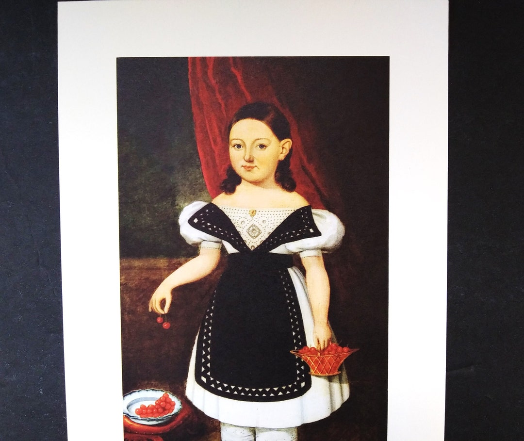 1840 Girl in White Pinafore With Red Cherries Print Victorian Vintage ...