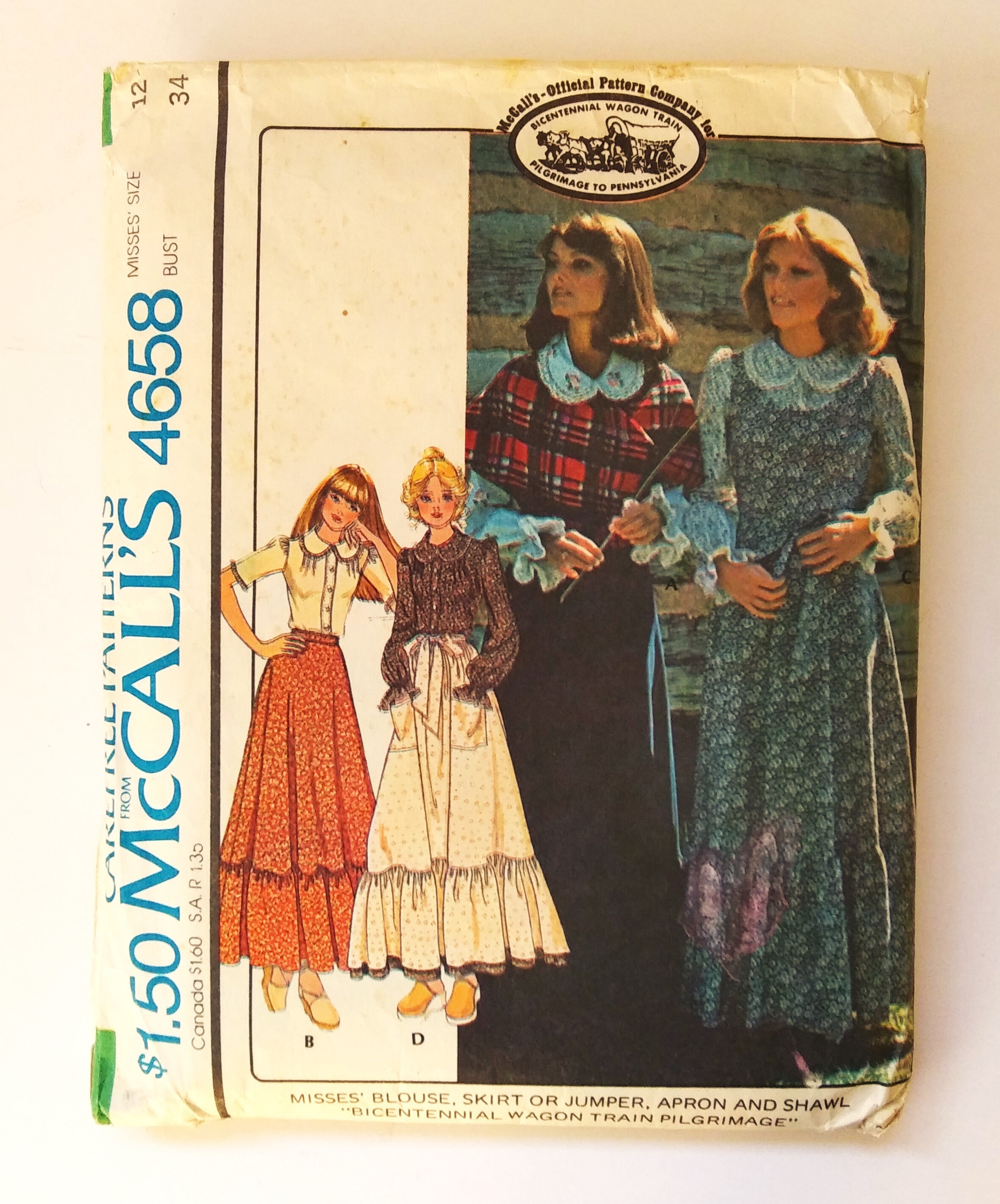 1975 Prairie Pioneer Costume Blouse Skirt Jumper Apron Shawl Mccall's ...