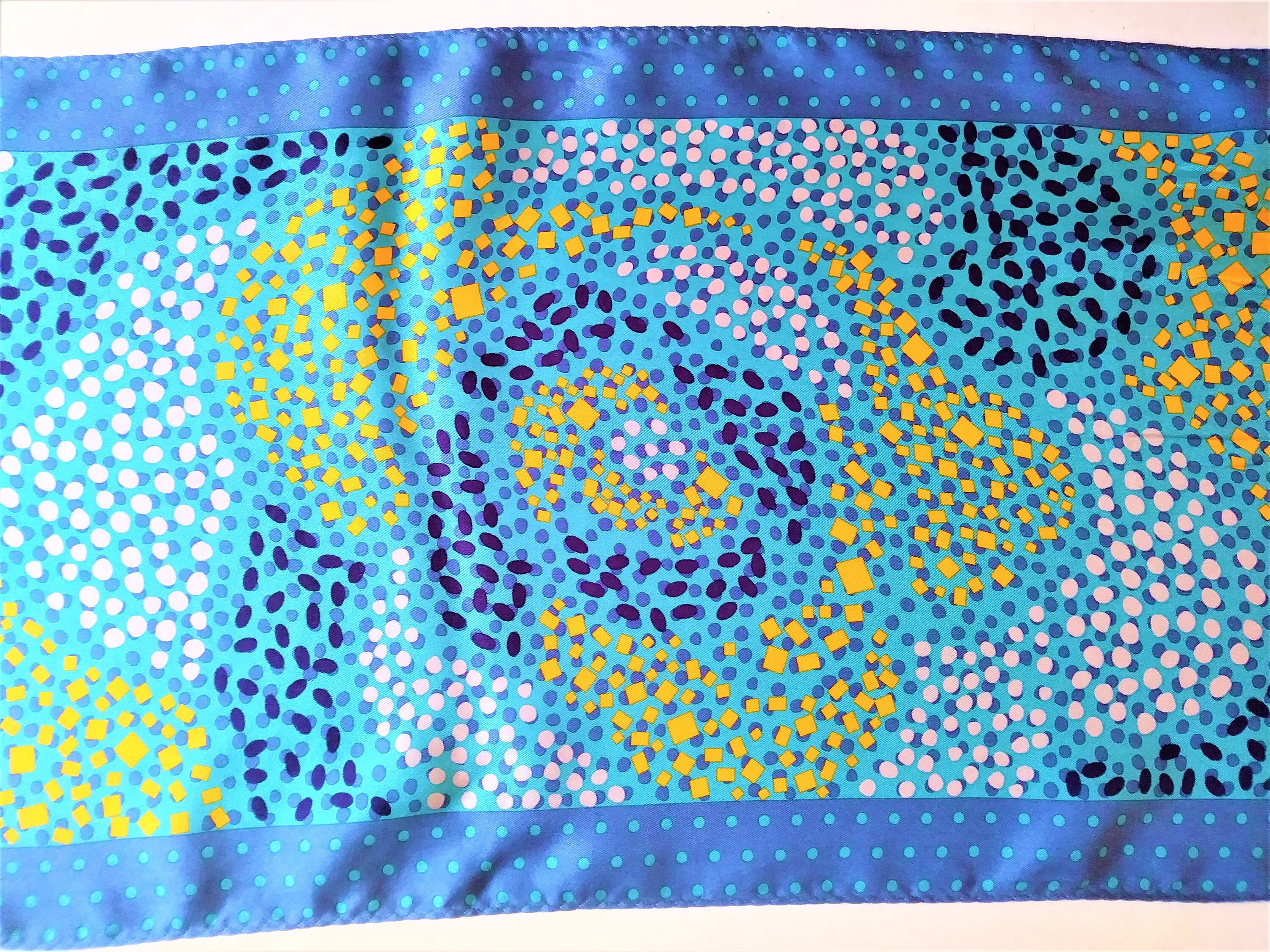 Long Silk Scarf Ocean Wave Print Blue Yellow Lavender Navy Polka Dot ...