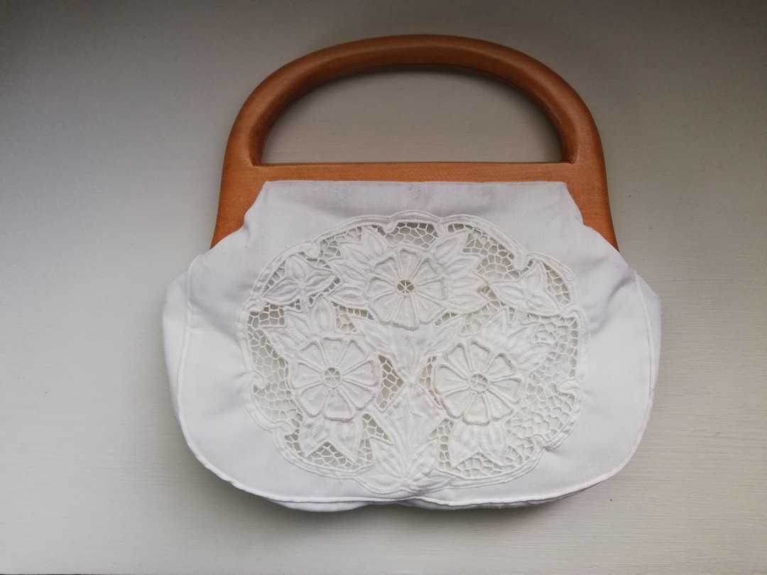 White Lace Handbag With Wooden Handle - Etsy
