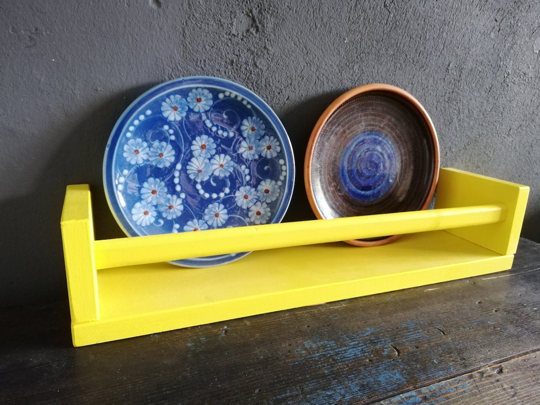 Yellow Plate Rack / Dish Rack - Wall Shelf - Wooden Shelf - Vintage ...