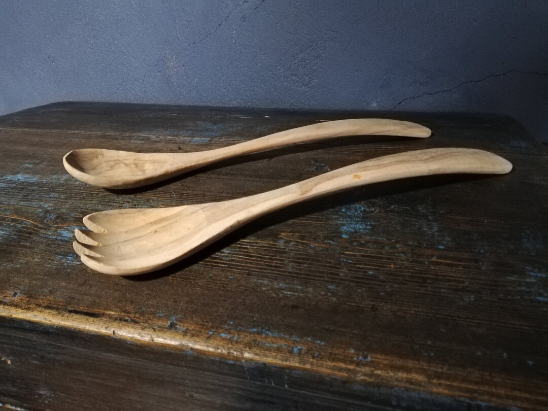 Large Vintage Olive Tree Wooden Fork and Spoon Set Hand Carved Wood ...