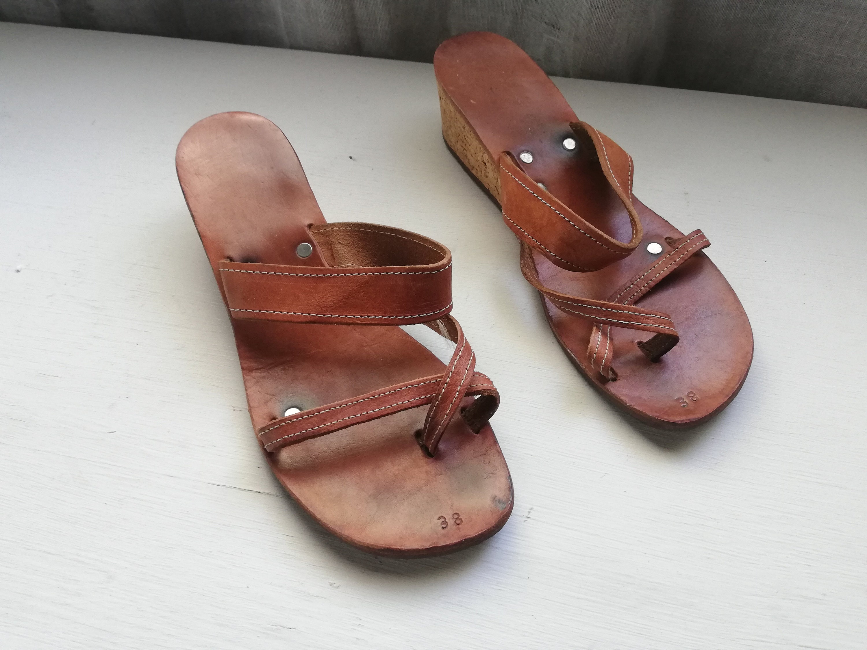Womens Slide Sandals Brown Leather - Cork Sole - Size 38 Eur, 7.5 Us, 5 ...