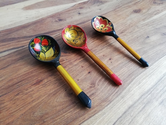Russian Spoon Set 3 Hand Painting Russian Folk Art Natural | Etsy