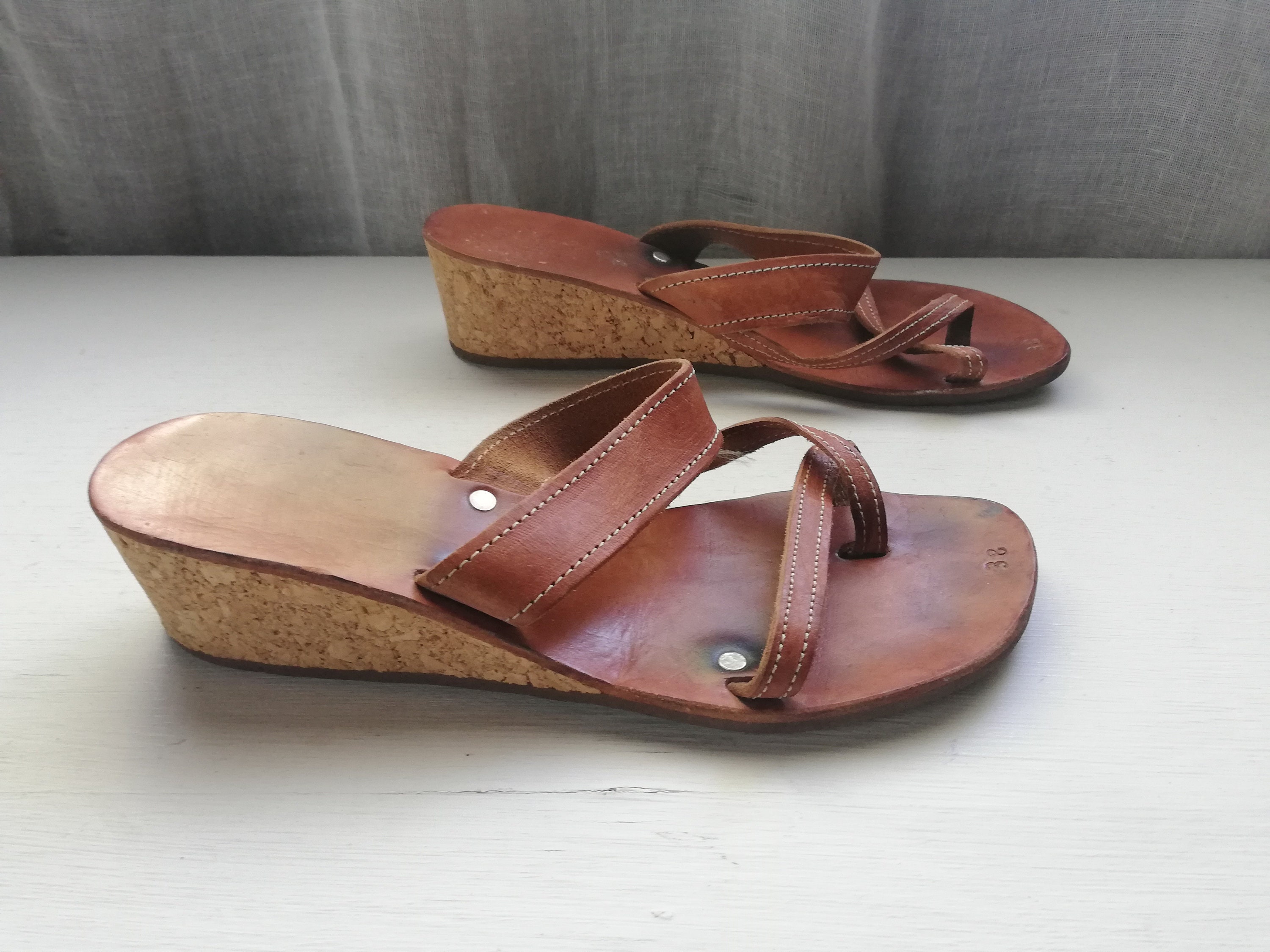 Womens Slide Sandals Brown Leather - Cork Sole - Size 38 Eur, 7.5 Us, 5 ...