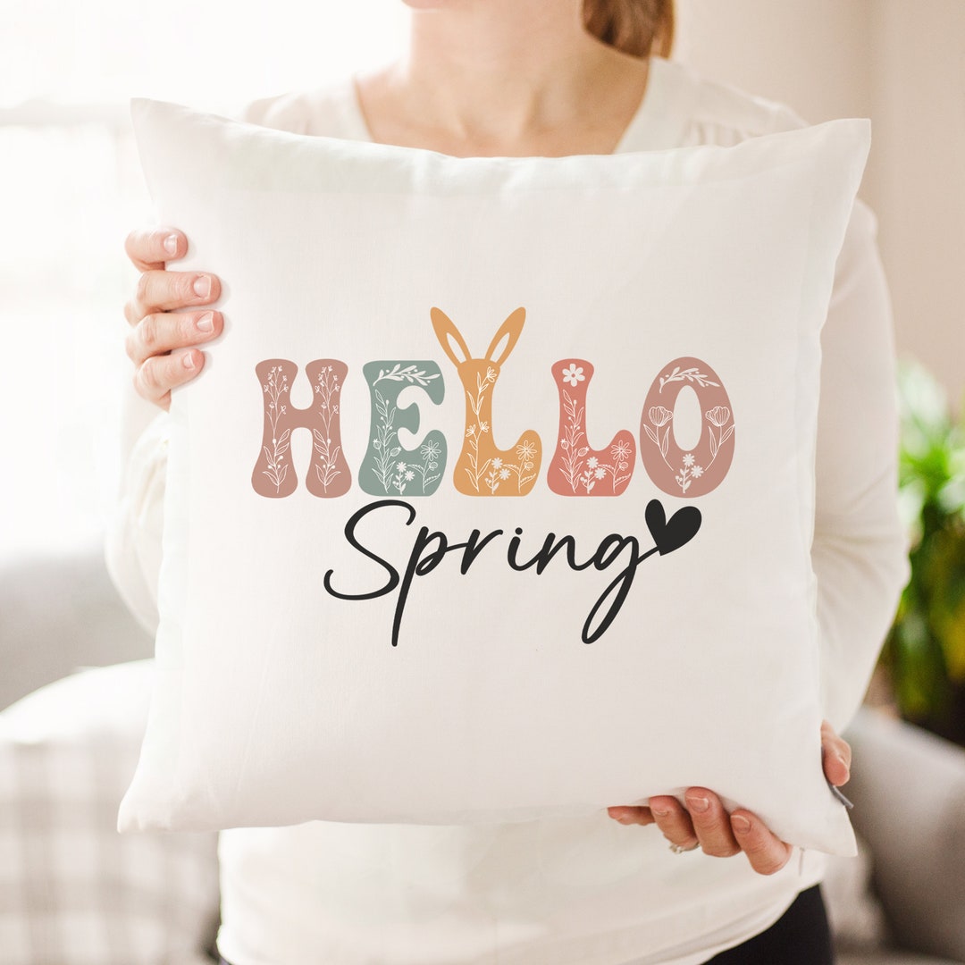 Hello Spring Decor | Retro Boho Easter Decor Linen Blend Pillow ...