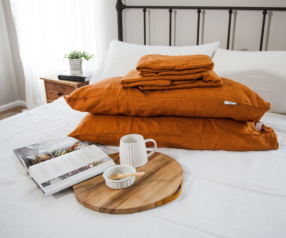 Linen Bedding Sheets Set in Rust Color | Natural King Queen Soft Linen ...