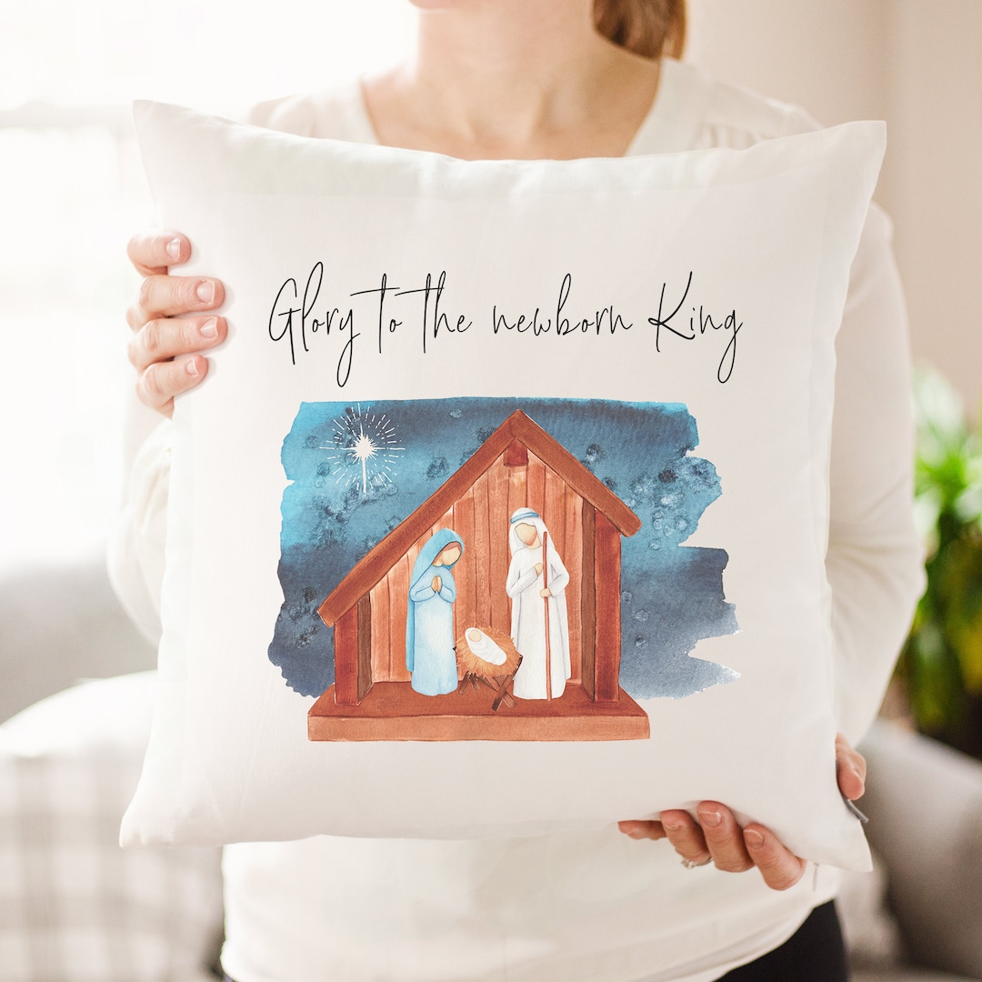 Glory to the Newborn King Nativity Scene Christmas Linen Blend Pillow ...