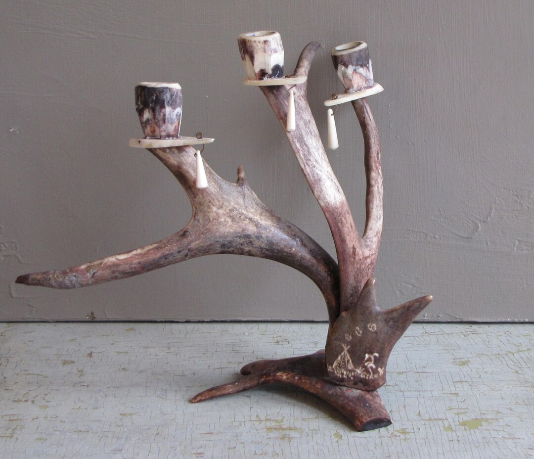 Nordic Reindeer Antler Candlestick/ Swedish Folk Art Carving/ Bone ...
