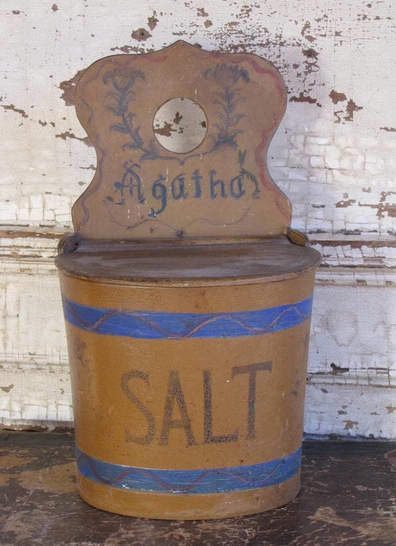 19th C Salt Box/ Antique Wall Box/ Primitive Treen/ Folk Art Wall Box ...