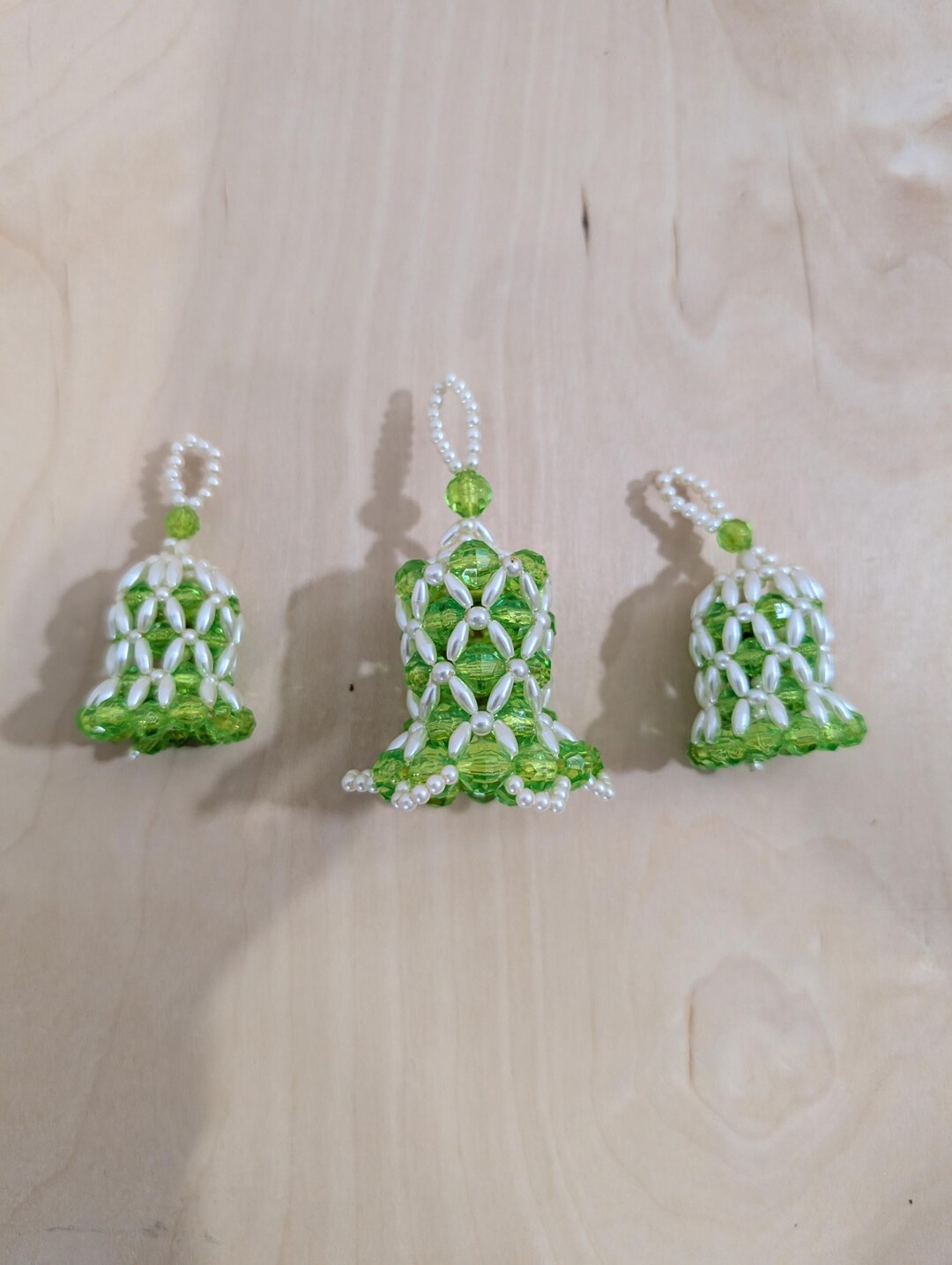 Sparkling Vintage Beaded Bells Set of 3 Ornaments - Green and White ...