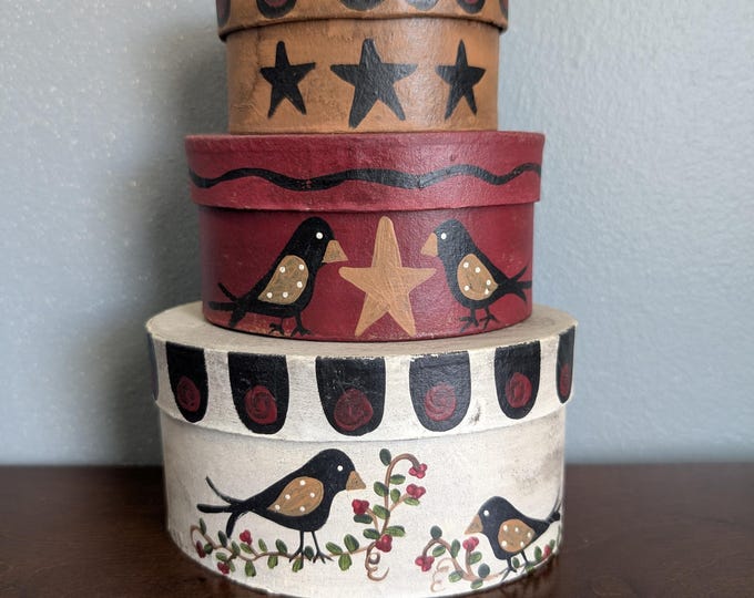 Vintage Primitive Nesting Boxes Set of 3 - Hand Painted Folk Art Crow ...