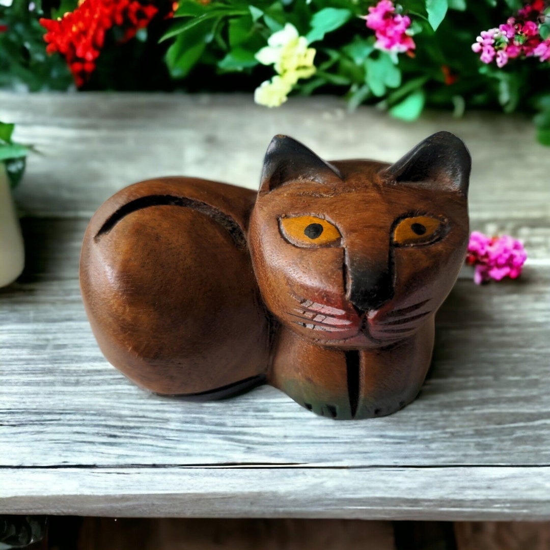 Vintage Wood Cat Folk Art Cat Wood Statue Kitten Figurine Carved ...
