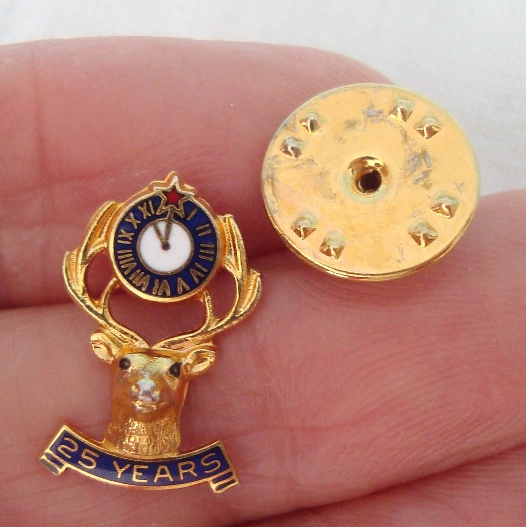 Vintage Gold Tone 25 Years ELKS Pin W Enamel Clock Clutch Pin Lapel or ...