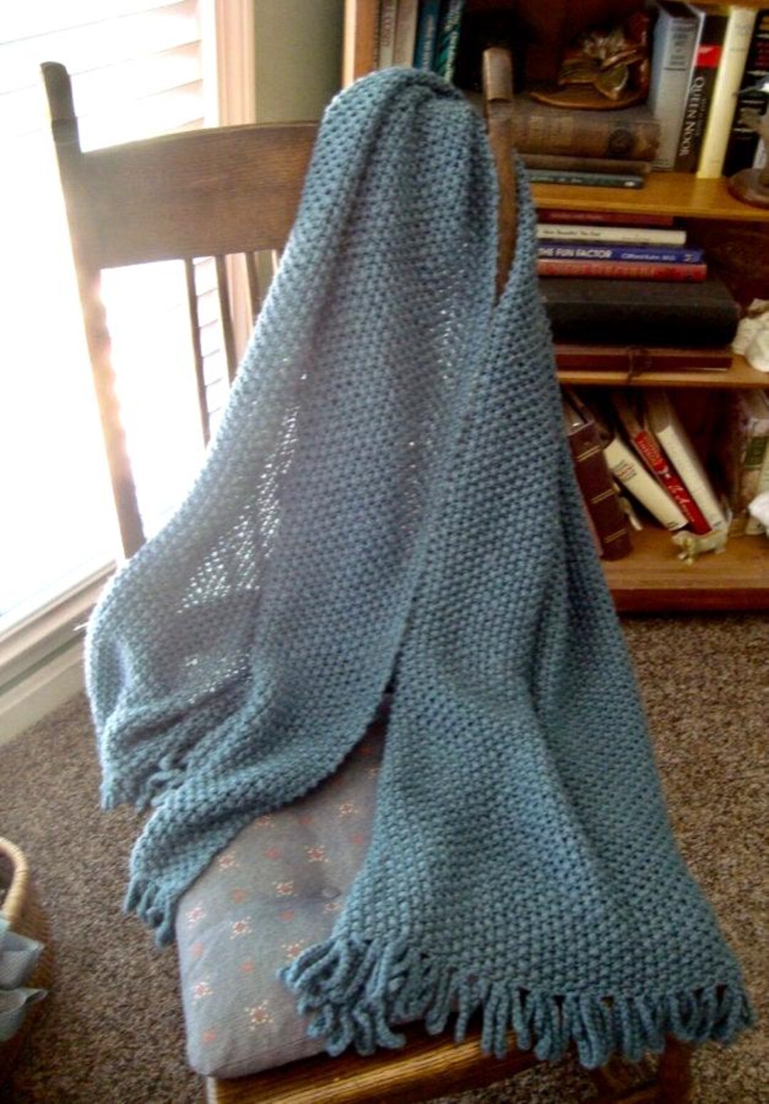 Vintage Hand Knit Blue Lap Afghan Throw Shoulder Wrap Shawl 70" X 26 ...