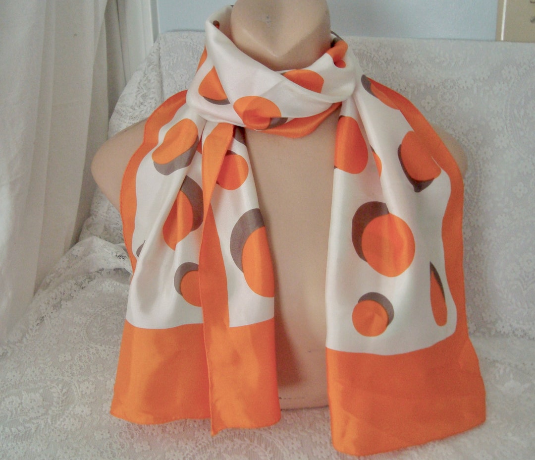 Vintage Long Scarf 11 X 53 Orange, Taupe on White Circle Pattern - Etsy