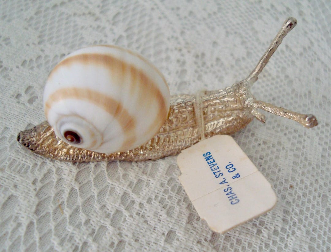 Vintage Silver Snail W Real Shell on Back Tabletop Figure 2 1/4" Long W ...