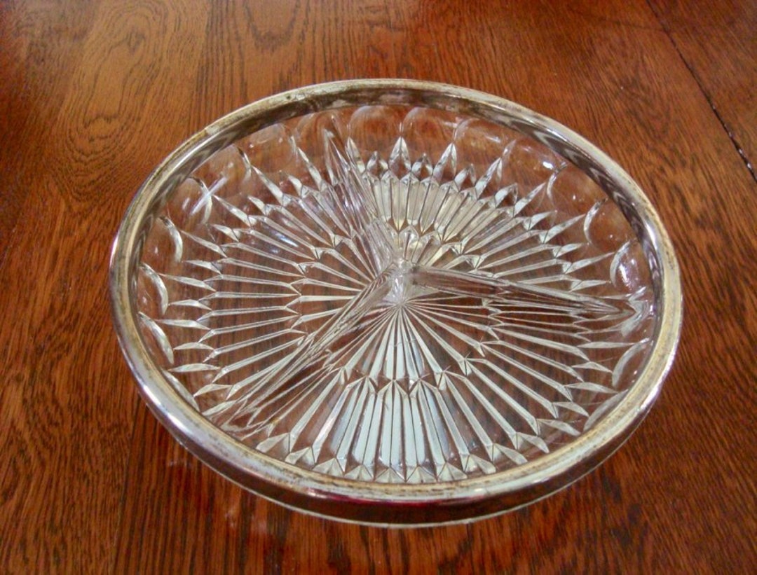 Vintage 9 LEONARD Italy Silver Rimmed Lead Glass Three Section Relish ...