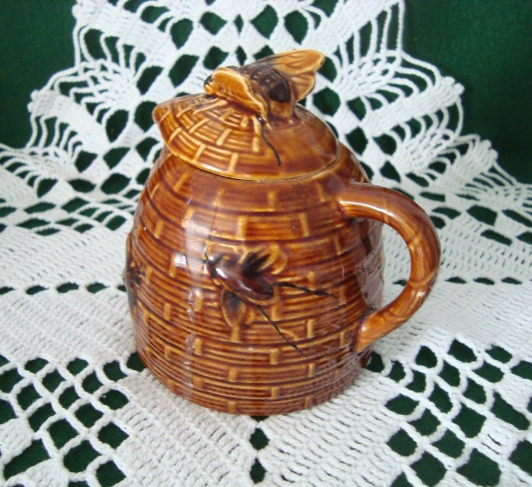 Vintage Wax Sealed Brown Beehive Pottery Honey Jar Never Opened Still ...
