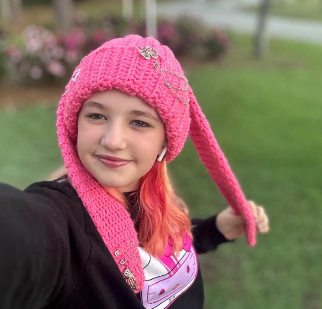 Long Eared Bunny Beanie Crochet Bunny Hat Goth Hat Long Ear Black Bunny ...