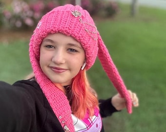 Bunny Beanie Crochet Bunny Hat Goth Hat Long Ear Black Bunny Hat Bunny ...