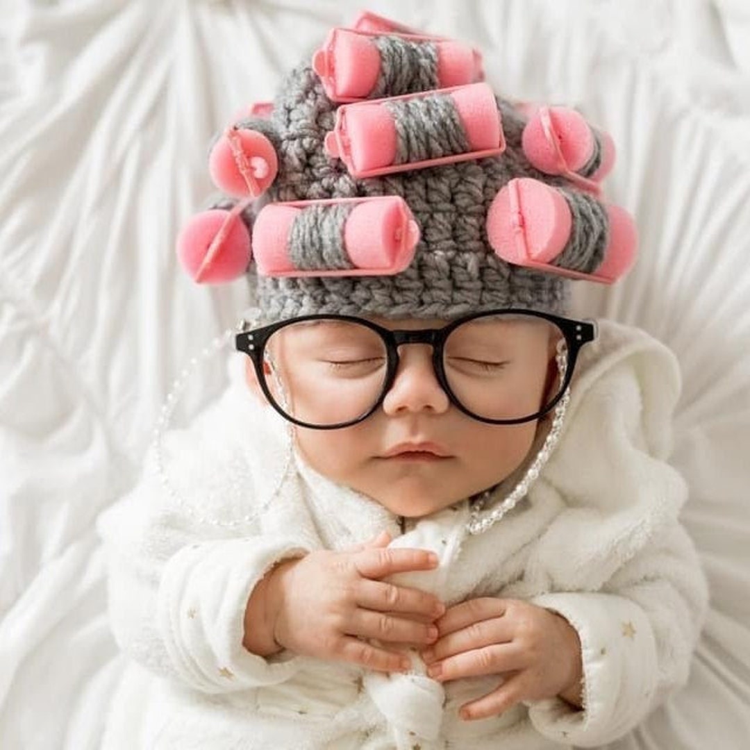 Halloween Hat, Old Lady Hat, Hat With Curlers, Baby Hat, Crochet Baby ...