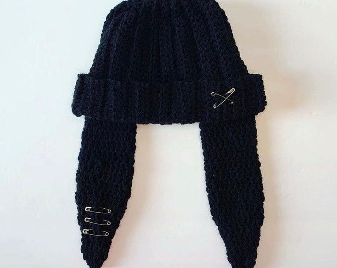 Bunny Beanie Crochet Bunny Hat Goth Hat Long Ear Black Bunny Hat Bunny ...