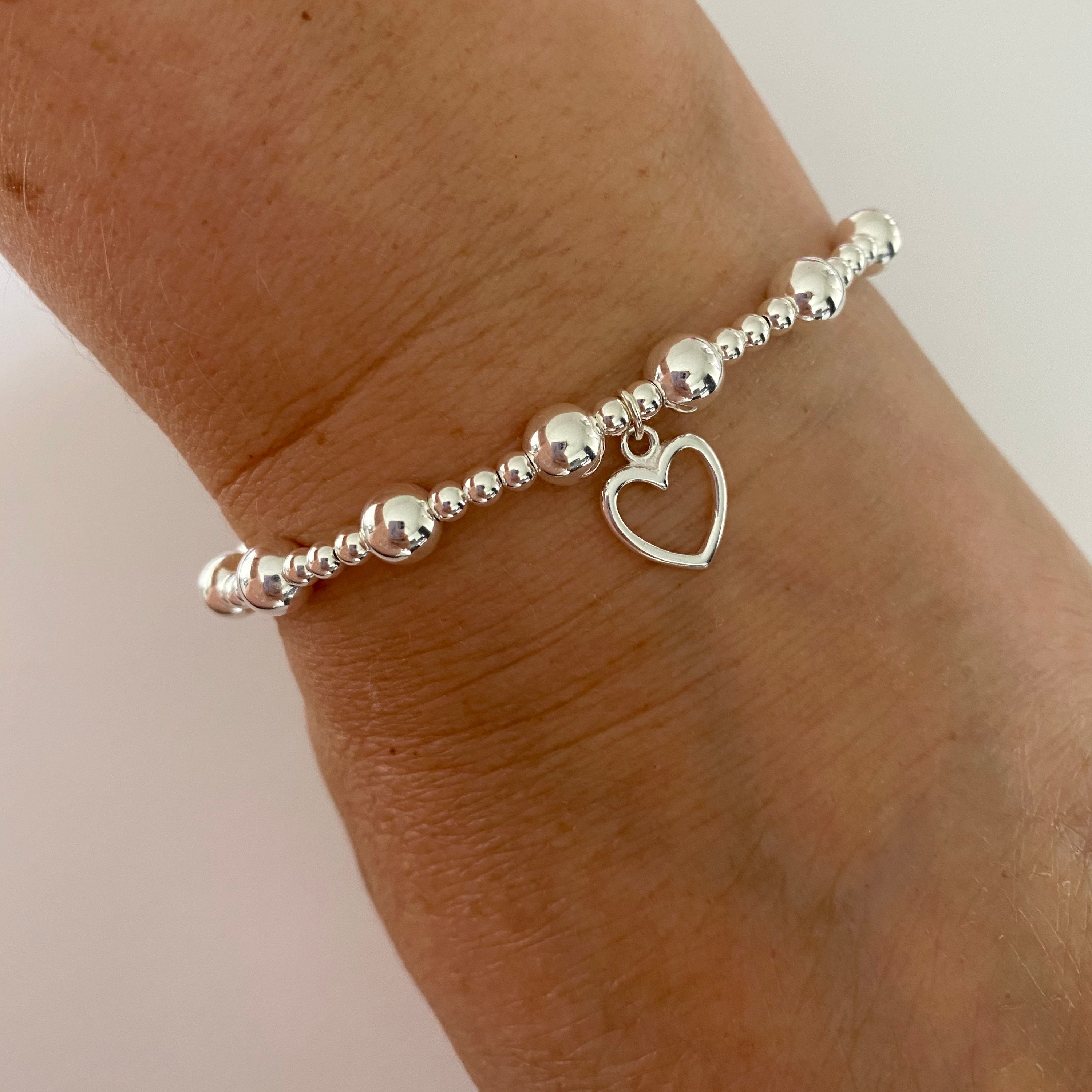 Sterling Silver beaded bracelet open heart charm. Stacking | Etsy