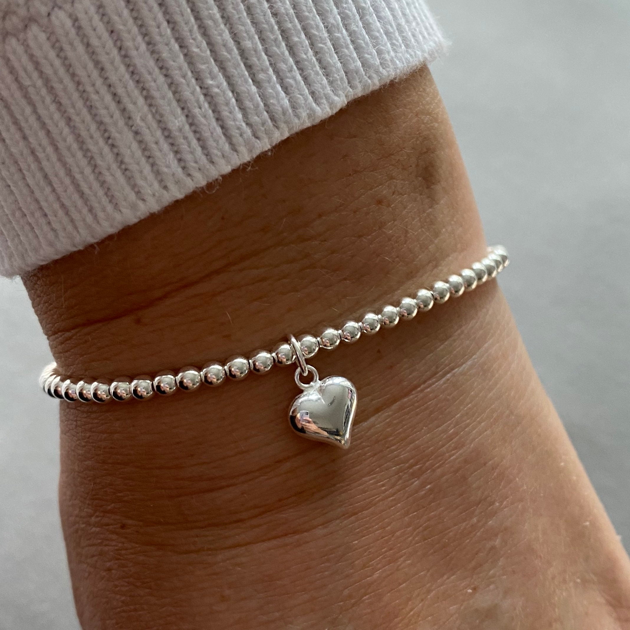 Silver Heart Bracelets Stack, Set of 3 Beaded Bracelets, Heart Charms ...