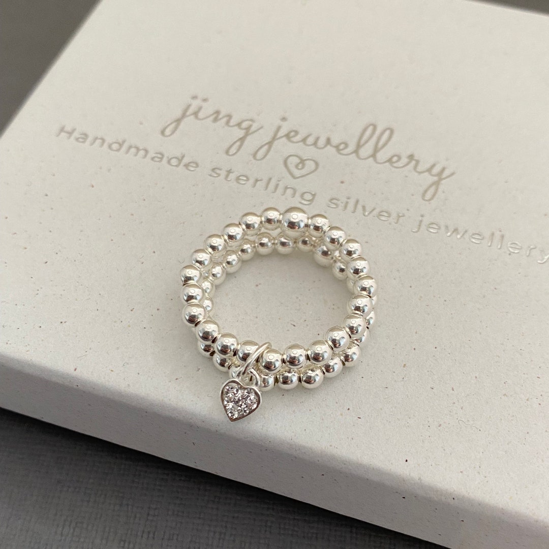 Sterling Silver Beaded Set of 2 Stretch Stacking Rings. 3mm Beads and ...