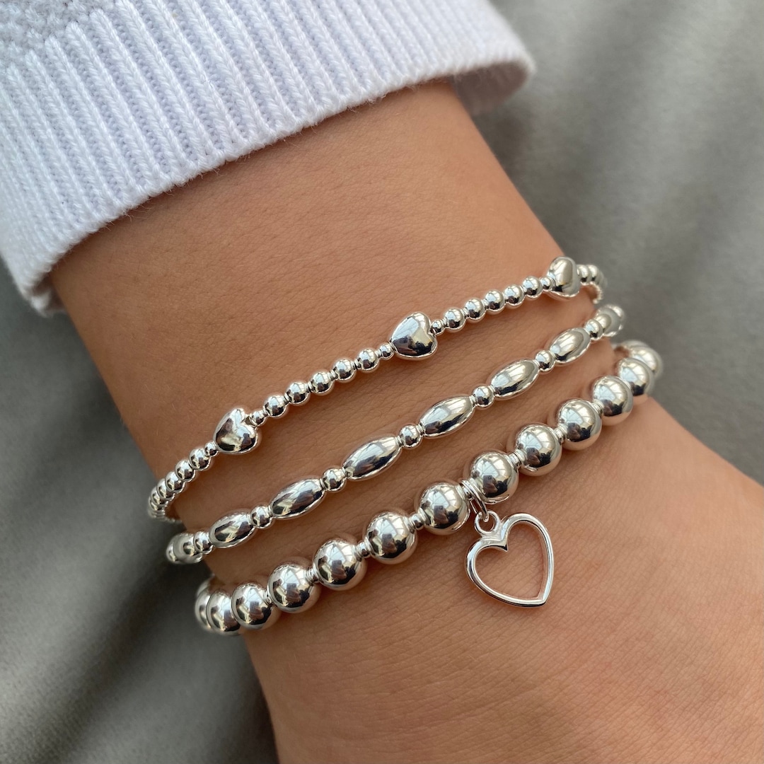 Sterling Silver Set of Beaded Stretch Stacking Bracelets, Stack of 3 ...