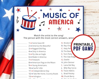 Patriotic Music of America, USA Song Trivia, Match up Game Printable ...