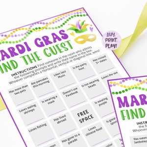 Mardi Gras Find the Guest Bingo | Games for Adults | Carnival Party ...