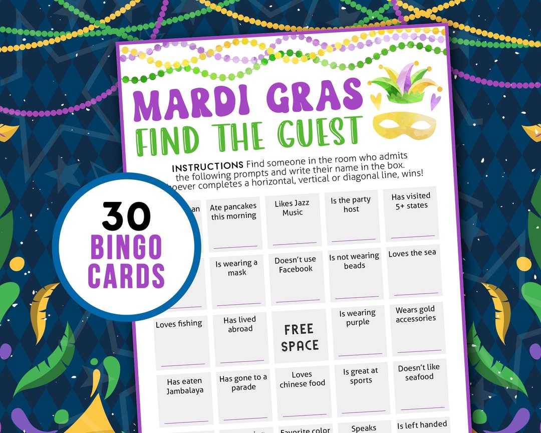 Mardi Gras Find the Guest Bingo | Games for Adults | Carnival Party ...