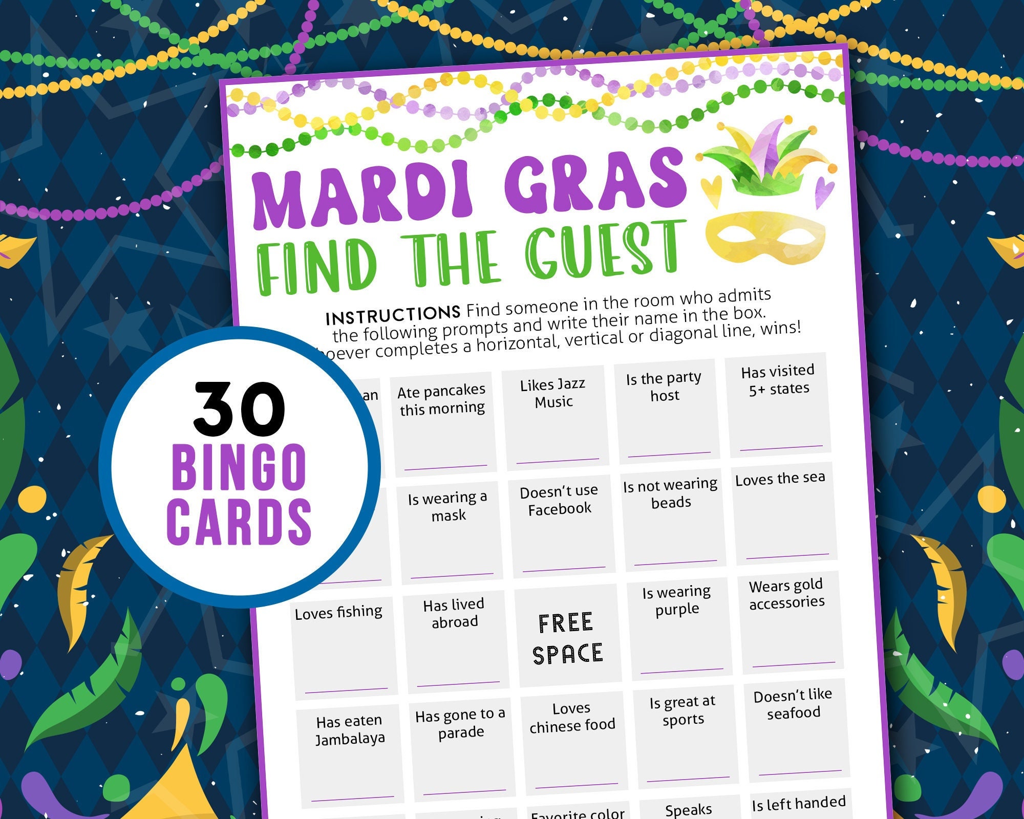 Mardi Gras Find the Guest Bingo Games for Adults Carnival | Etsy