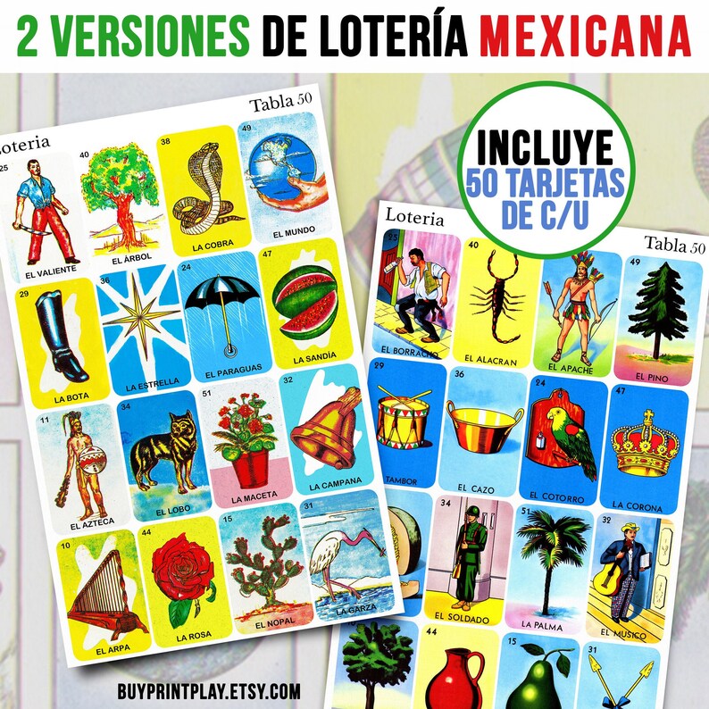 50 Mexican Loteria Game Cards 2 Different Versions 100 | Etsy