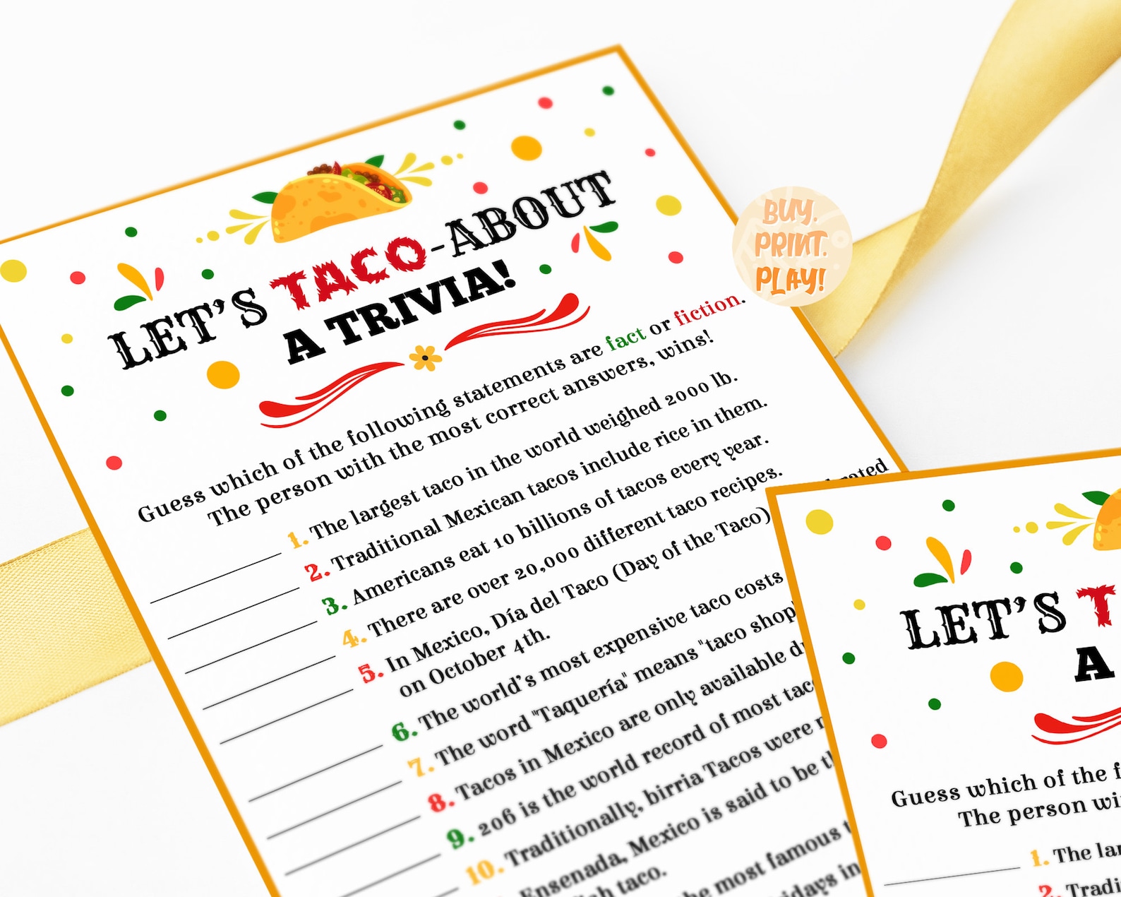 Cinco De Mayo Taco Trivia Mexican Fiesta Printable Games Tacos Fact or ...