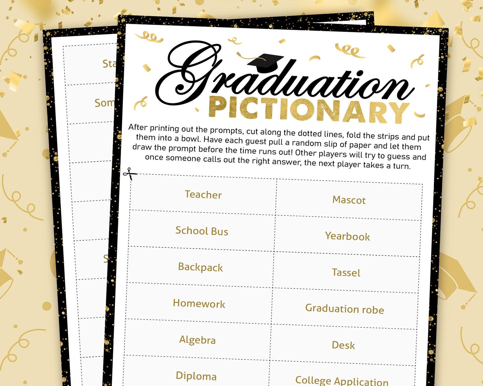 36 Graduation Pictionary Prompts Printable Games for High School ...