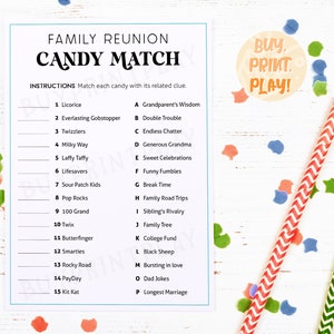 Candy Match Game | Family Reunion Party Printable | Gathering Trivia ...