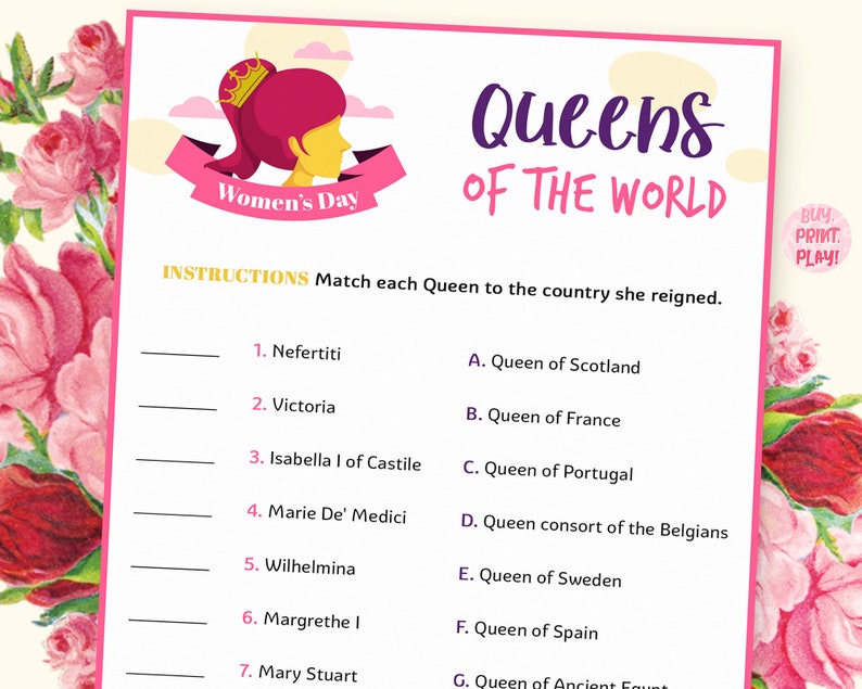Womens Day Games Queens of the World Trivia Printable Game - Etsy