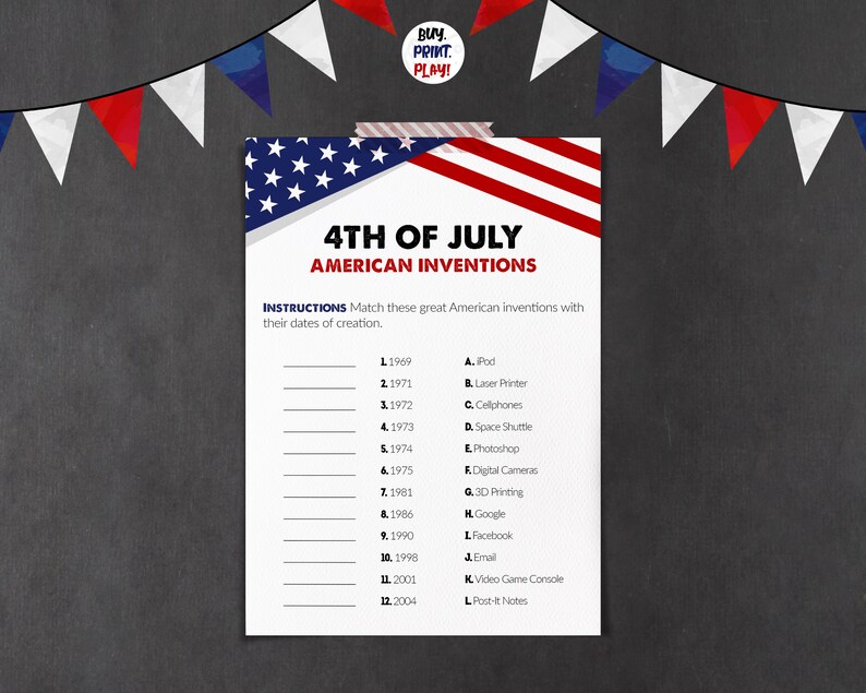 Fourth of July Trivia Game American Inventions | Etsy