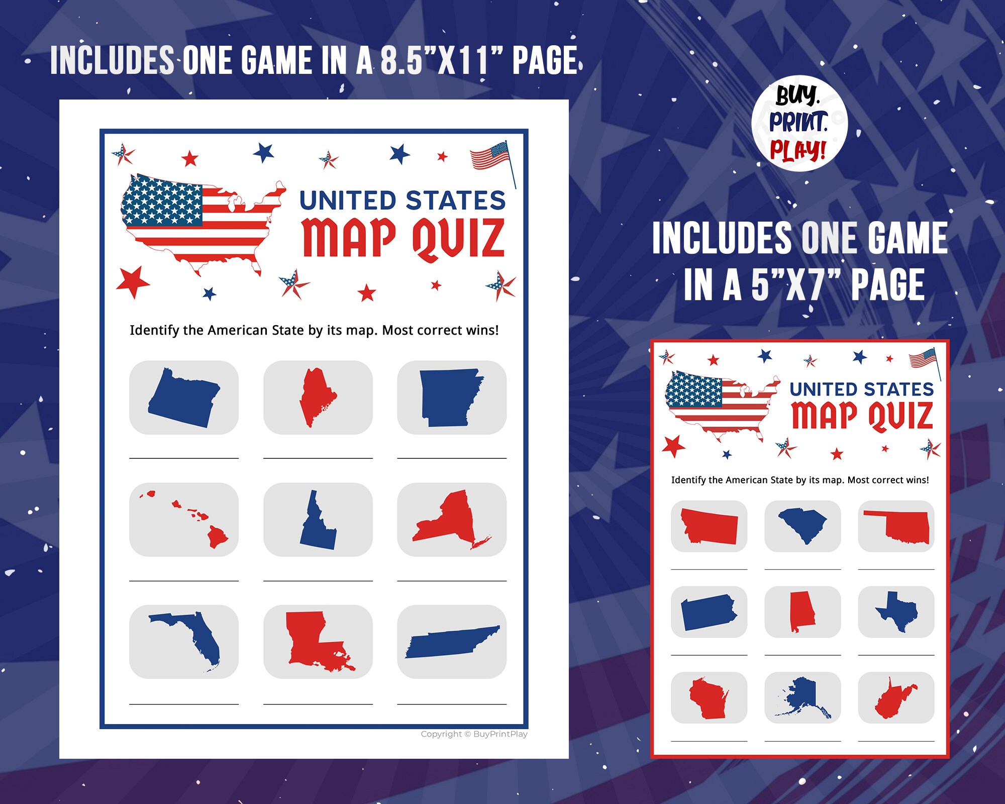 United States Map Picture Quiz 4th of July Patriotic Trivia - Etsy