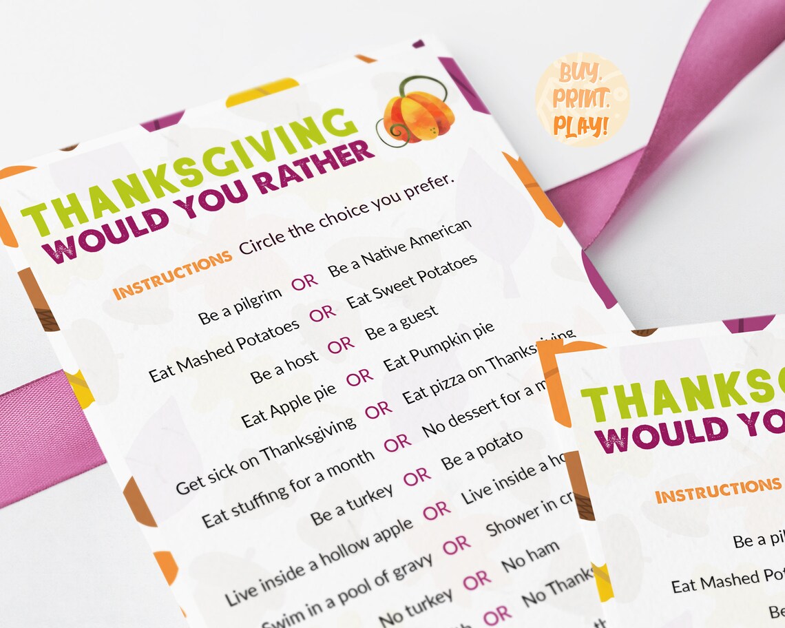Would You Rather Thanksgiving Game Printable Games for Kids | Etsy
