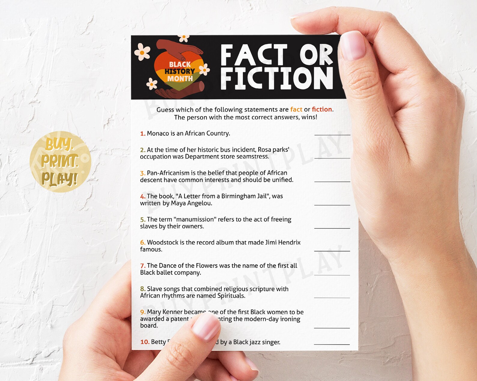 Black History Month Fact or Fiction Trivia Game American - Etsy