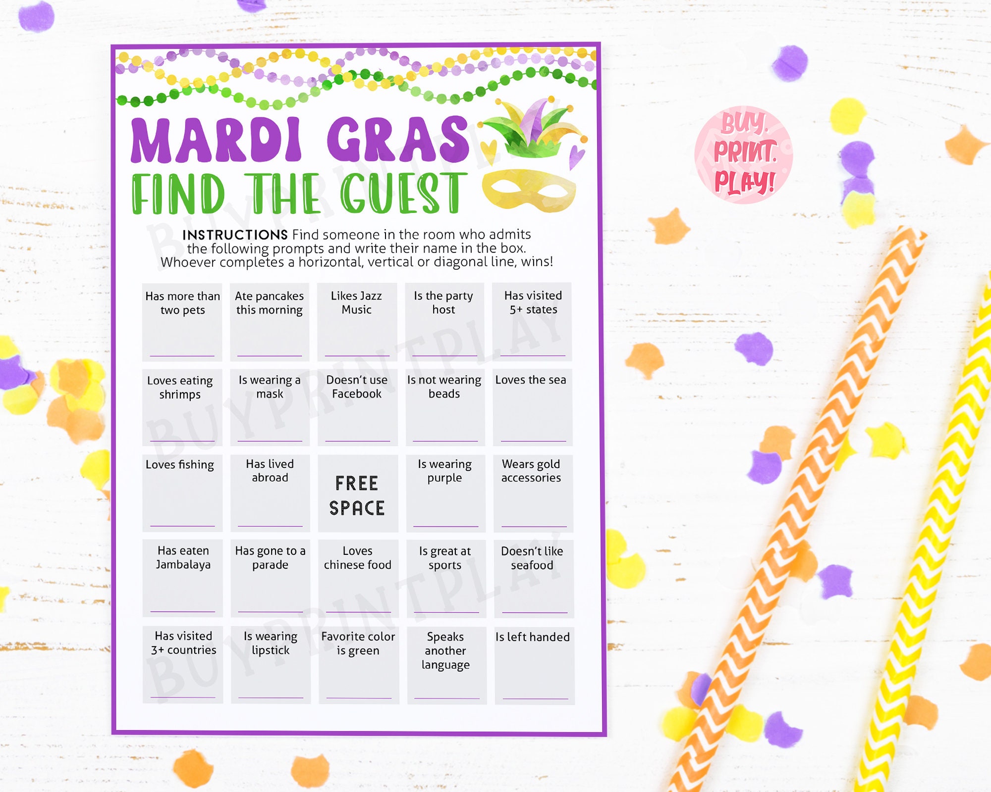 Mardi Gras Find the Guest Bingo Games for Adults Carnival | Etsy