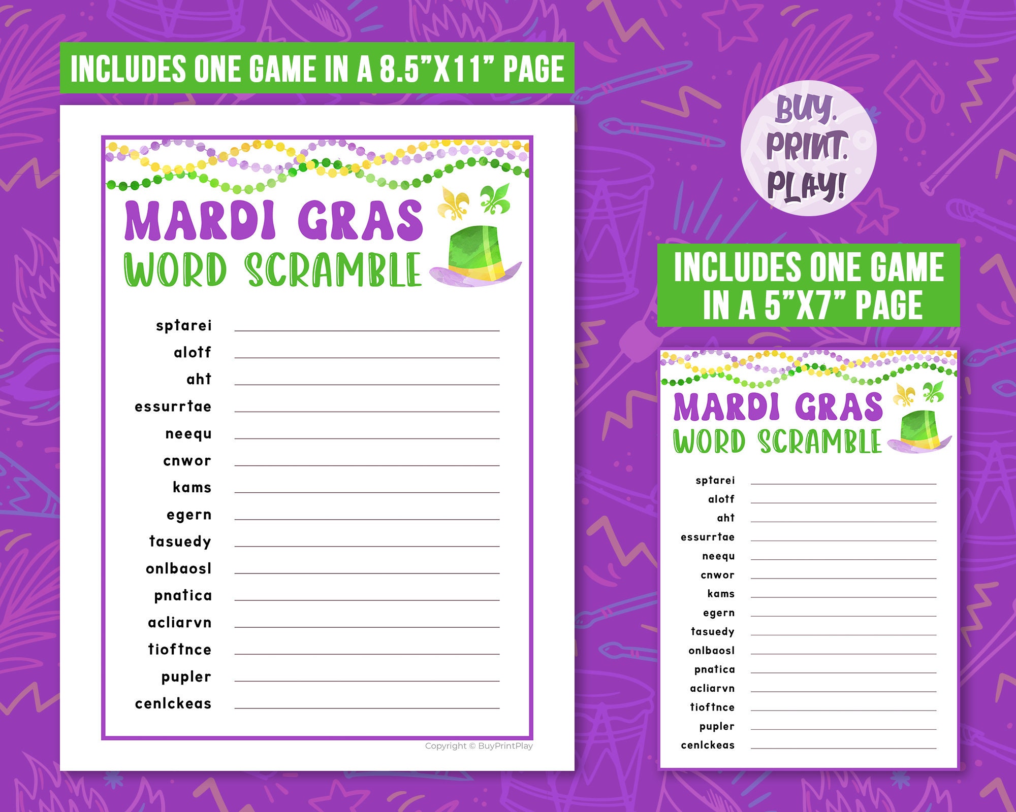 Mardi Gras Word Scramble Party Games New Orleans Fat - Etsy