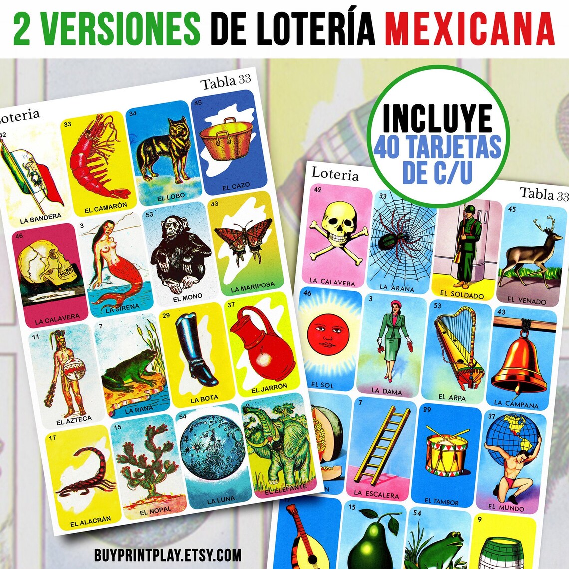 40 Mexican Loteria Cards in 2 Different Versions 80 Total | Etsy