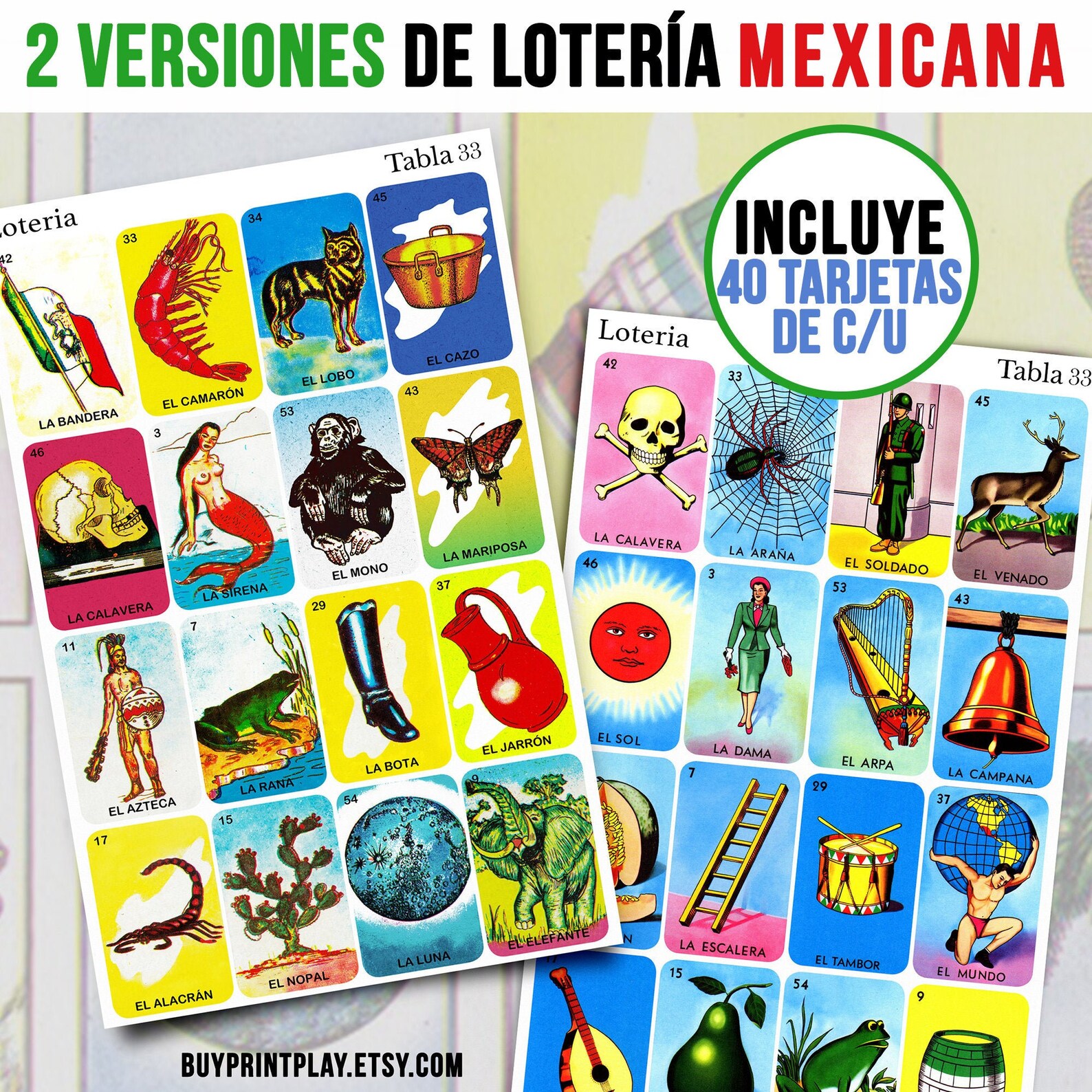 40 Mexican Loteria Cards in 2 Different Versions 80 Total | Etsy