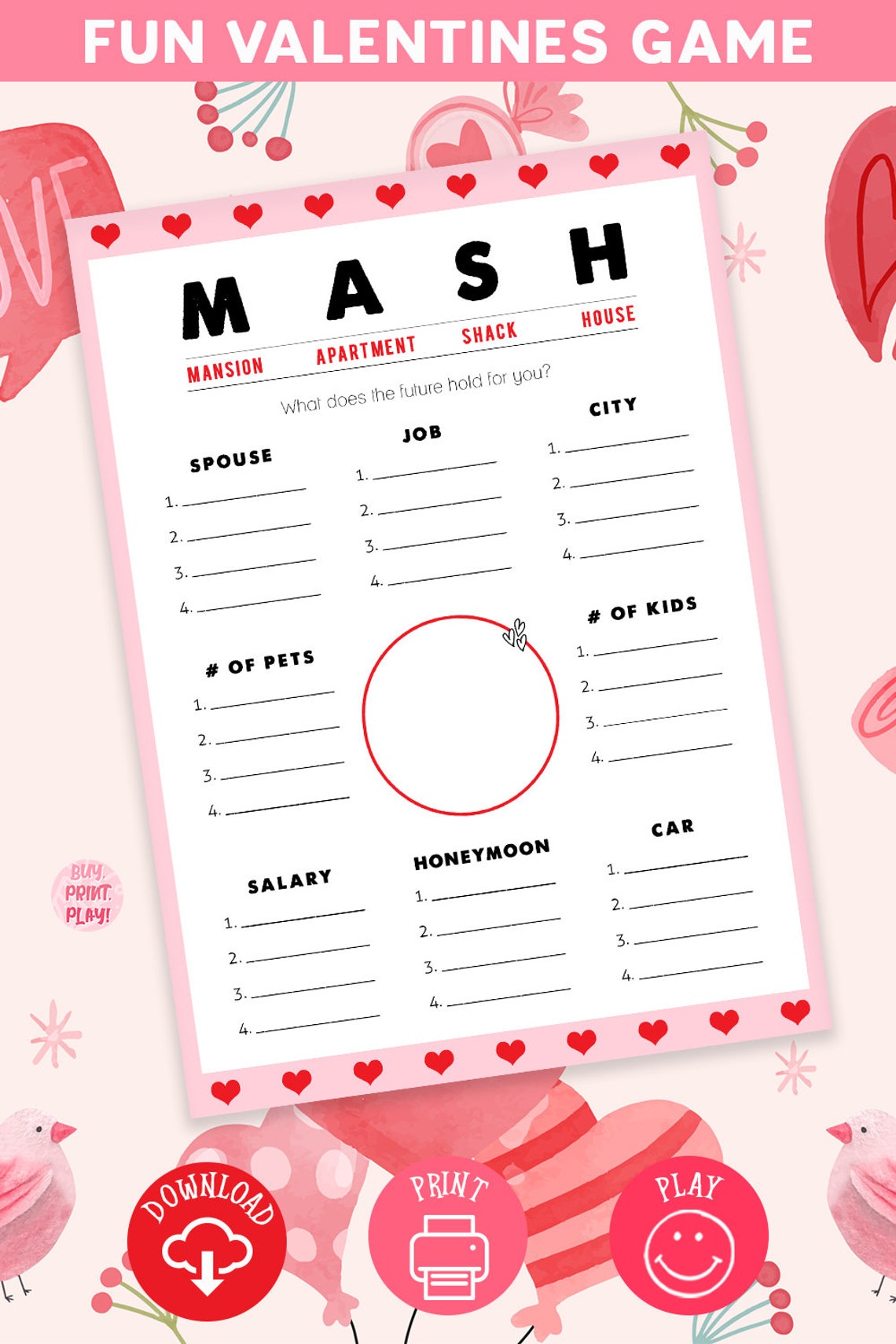 Valentines Day Games Mash Game Printable Game Girls - Etsy